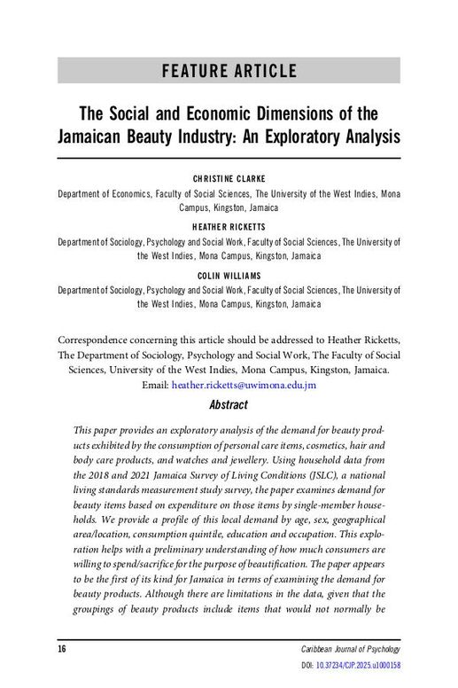 The Social and Economic Dimensions of the Jamaican Beauty Industry: An Exploratory Analysis by ...